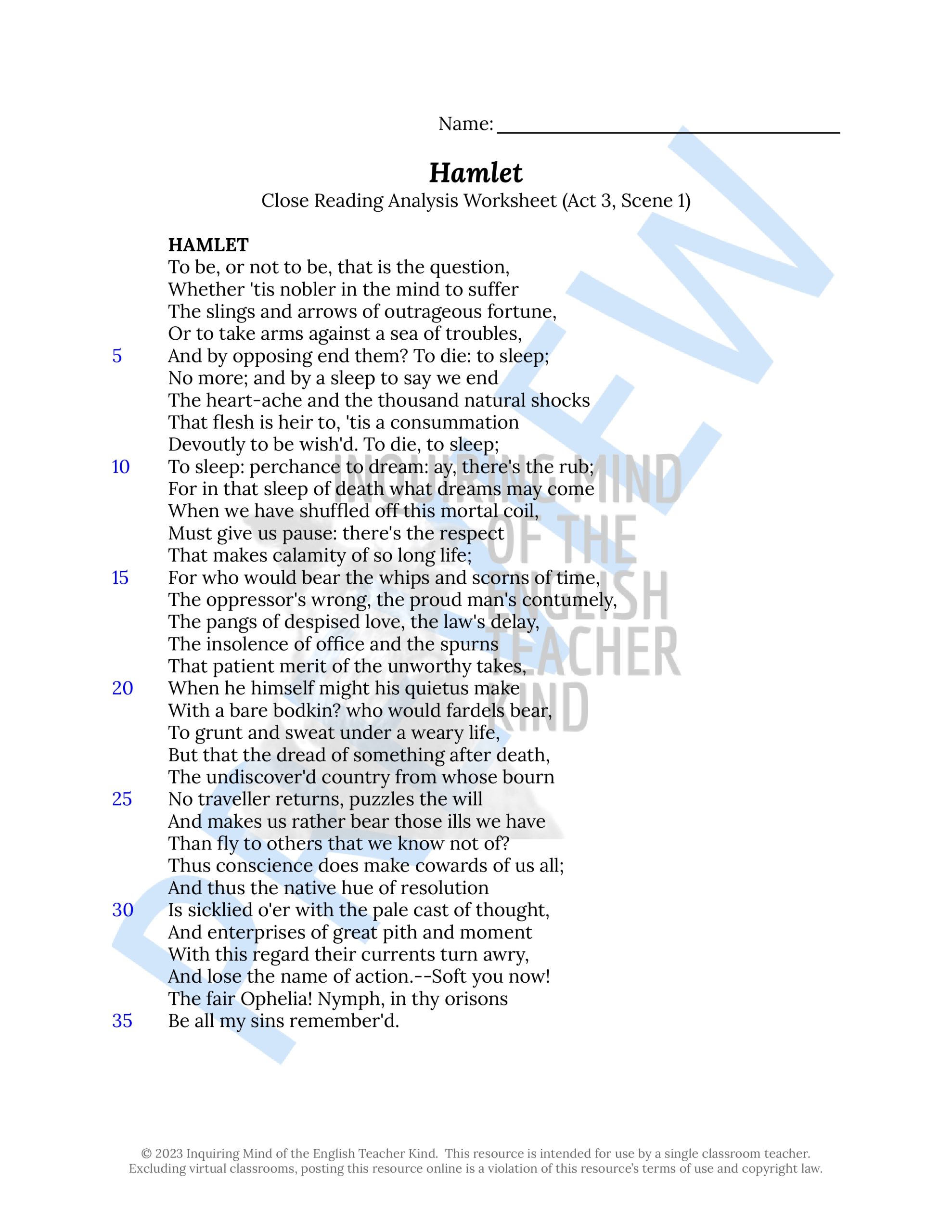 Hamlet Act 3 Quiz, Close Reading Worksheets, and Vocabulary Games ...