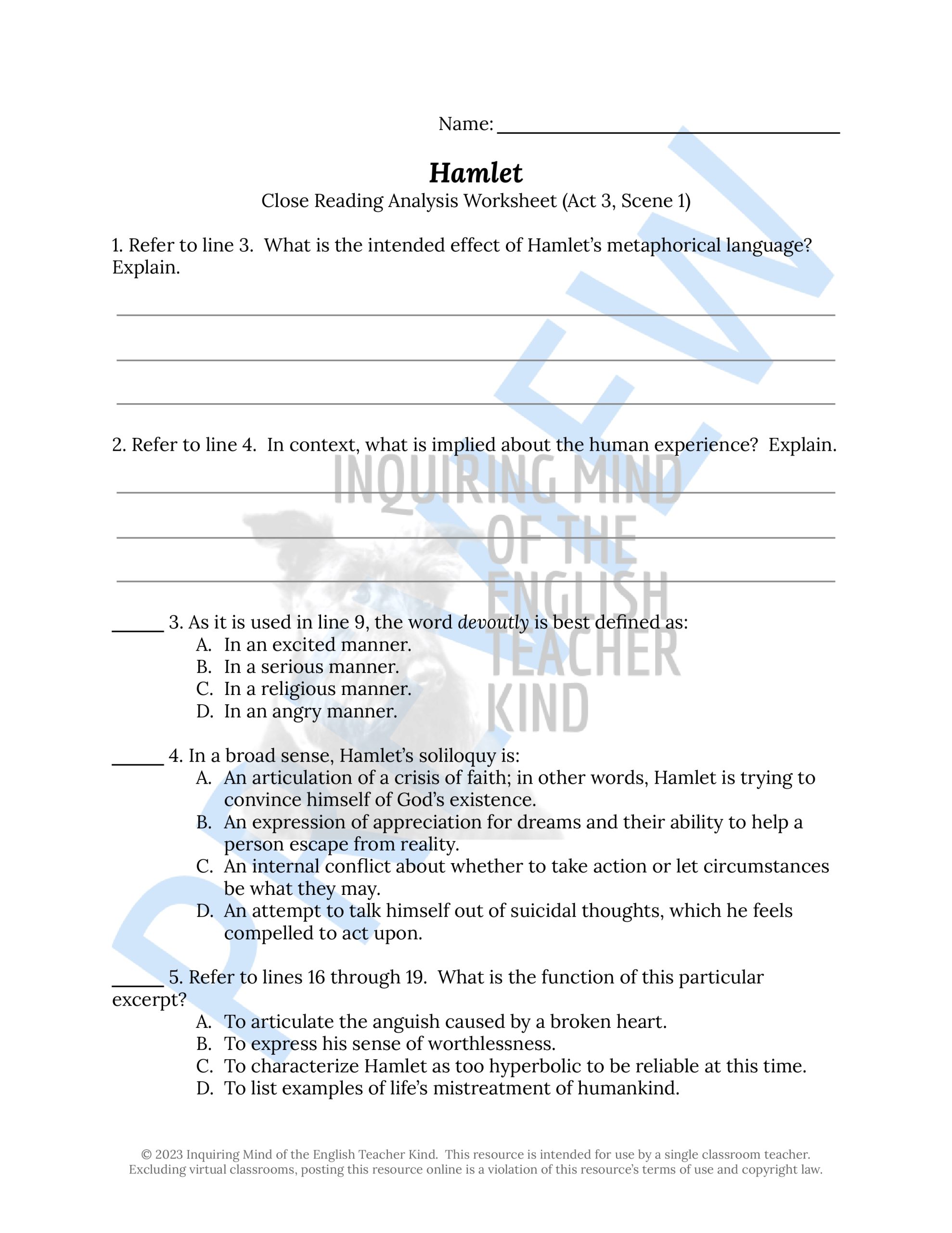 Hamlet Act 3 Quiz, Close Reading Worksheets, and Vocabulary Games ...
