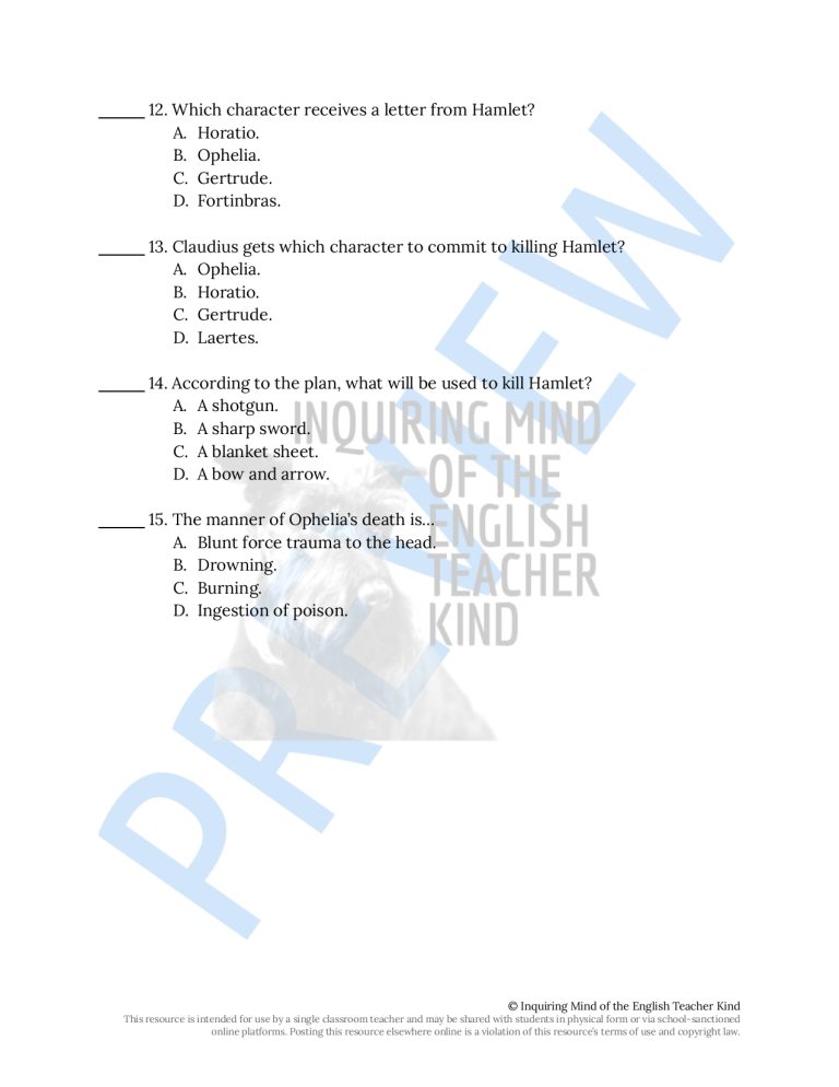 Hamlet Act 4 Quiz, Close Reading Worksheets, and Vocabulary Games ...