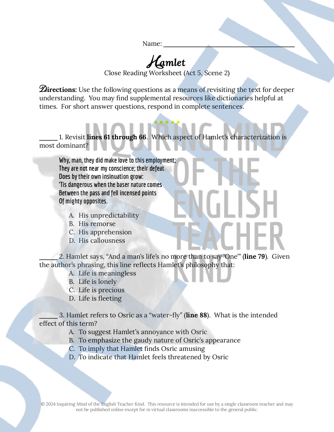 Hamlet Act 5 Quiz, Close Reading Worksheets, and Vocabulary Games ...