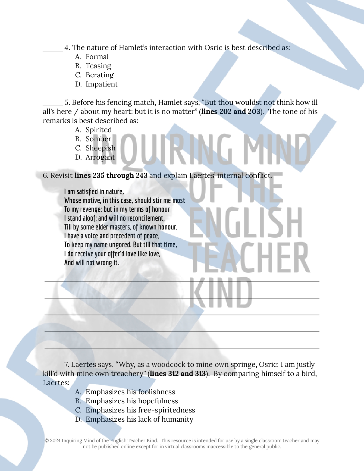 Hamlet Act 5 Quiz, Close Reading Worksheets, and Vocabulary Games ...