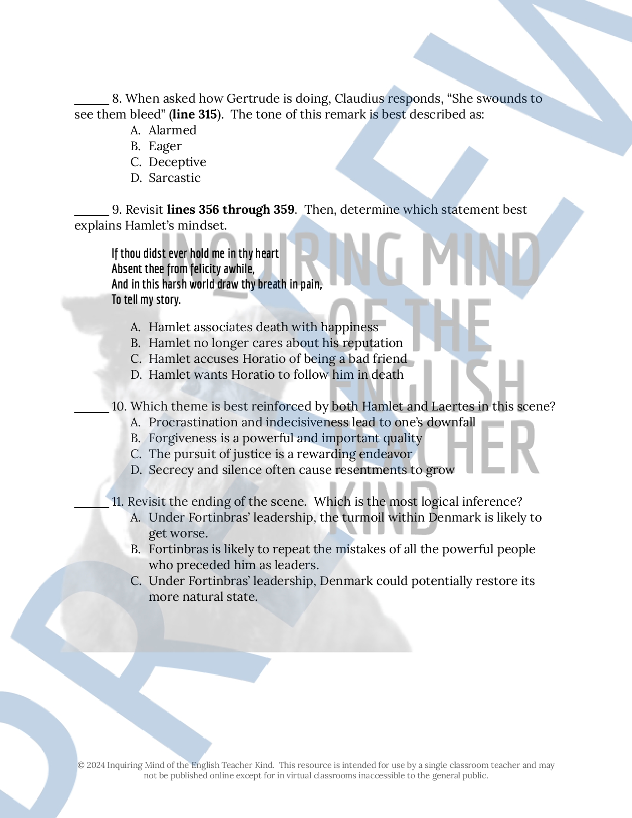 Hamlet Act 5 Quiz, Close Reading Worksheets, and Vocabulary Games ...
