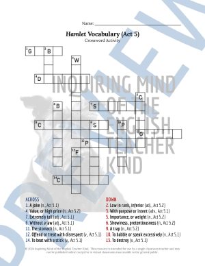 Hamlet Vocabulary Games Bundle (Crosswords, Word Searches, and ...