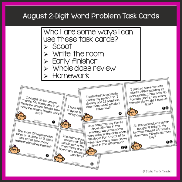 August 2-Digit Addition & Subtraction One Step Word Problem Task Cards ...