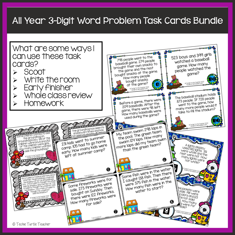 Addition & Subtraction 3-Digit Word Problem Task Cards All Year MEGA ...