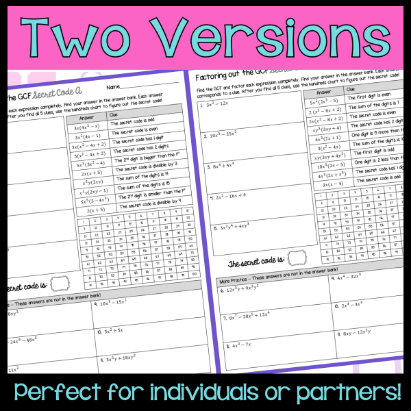 Factoring the GCF (Greatest Common Factor) Worksheets | Secret Code ...
