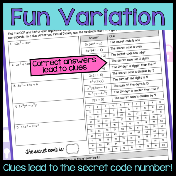 Factoring the GCF (Greatest Common Factor) Worksheets | Secret Code ...