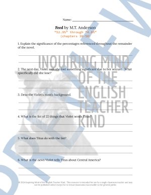 Feed by M.T. Anderson Chapters 38 through 58 Quiz and Answer Key | Made ...