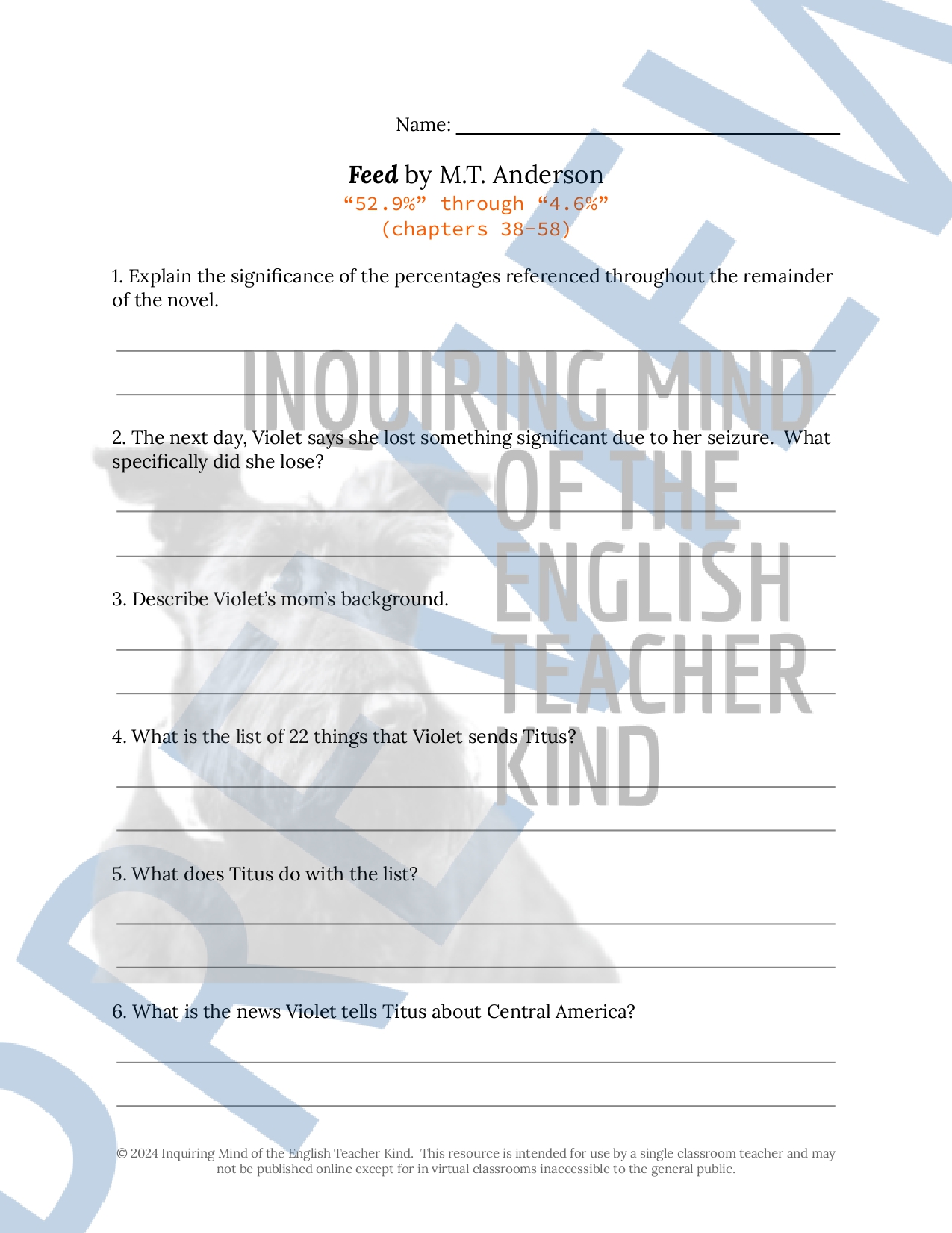 Feed by M.T. Anderson Chapters 38 through 58 Quiz and Answer Key | Made ...