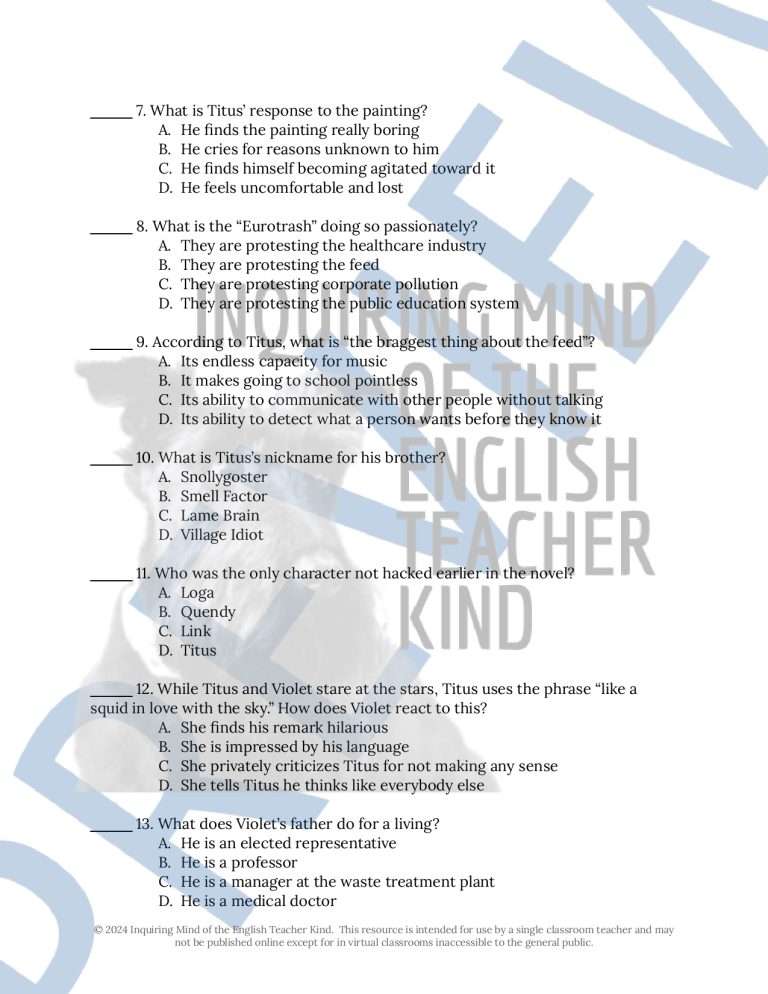 Feed by M.T. Anderson Chapters 1 through 16 Quiz and Close Reading ...