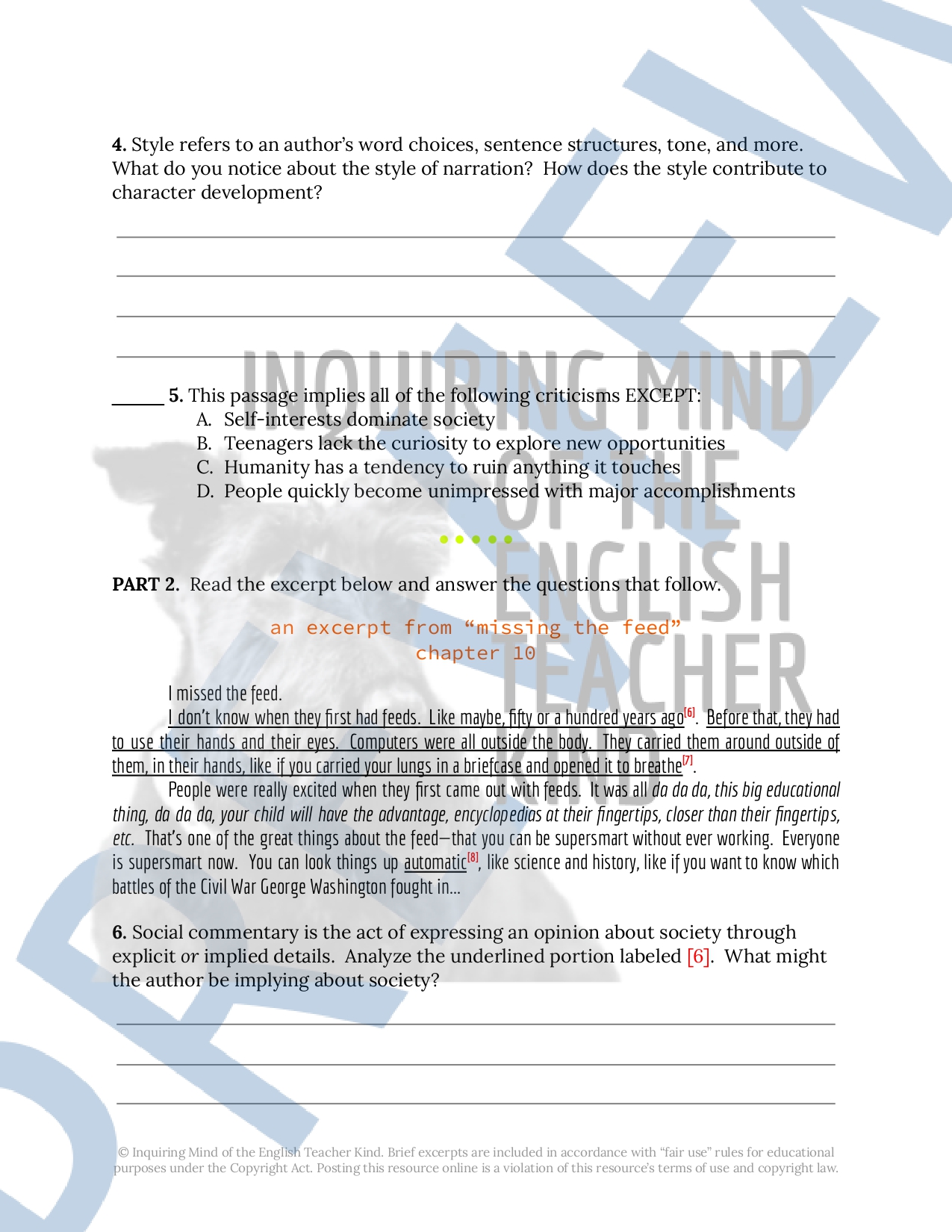 Feed by M.T. Anderson Chapters 1 through 16 Quiz and Close Reading ...