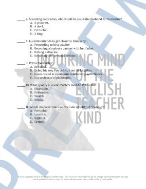 Taming of the Shrew Act 1 Quiz and Answer Key for High School - Made By ...
