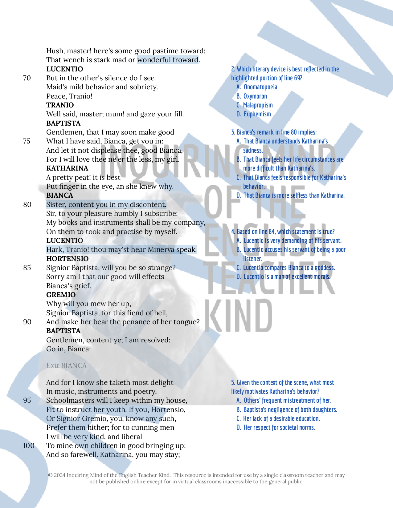 Taming of the Shrew Act 1 Scene 1 Close Reading Analysis Worksheet ...