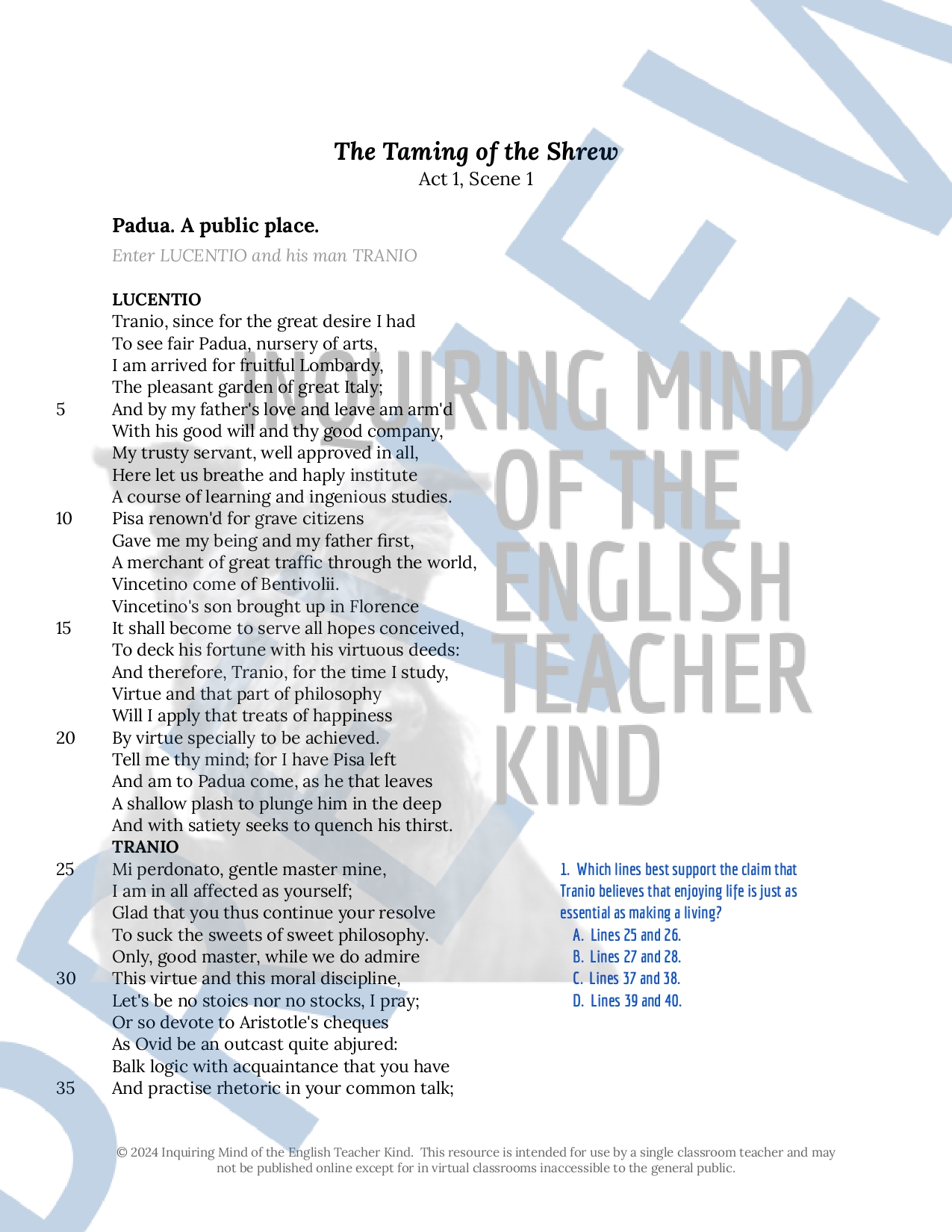 Taming of the Shrew Act 1 Quiz, Close Readings, and Vocabulary Games ...