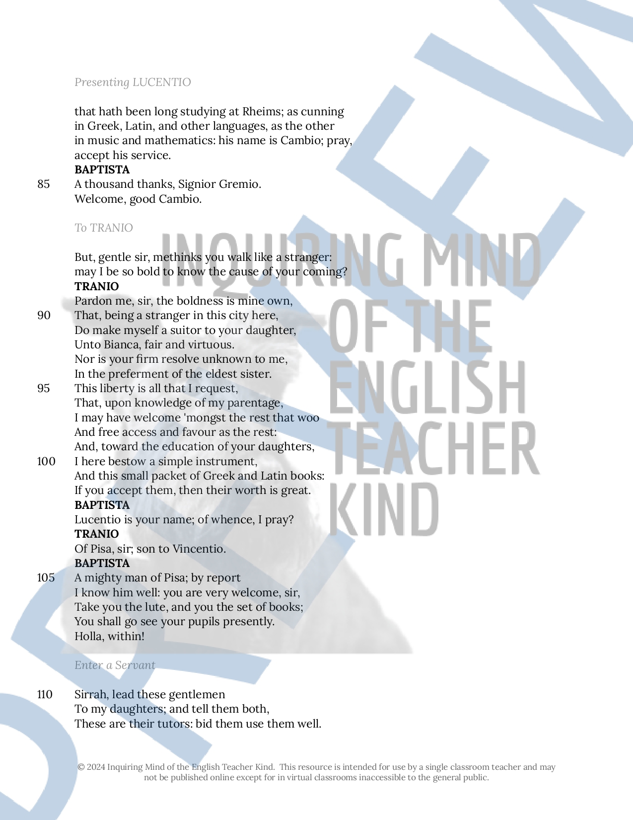 Taming of the Shrew Act 2 Scene 1 Close Reading Analysis Worksheet ...