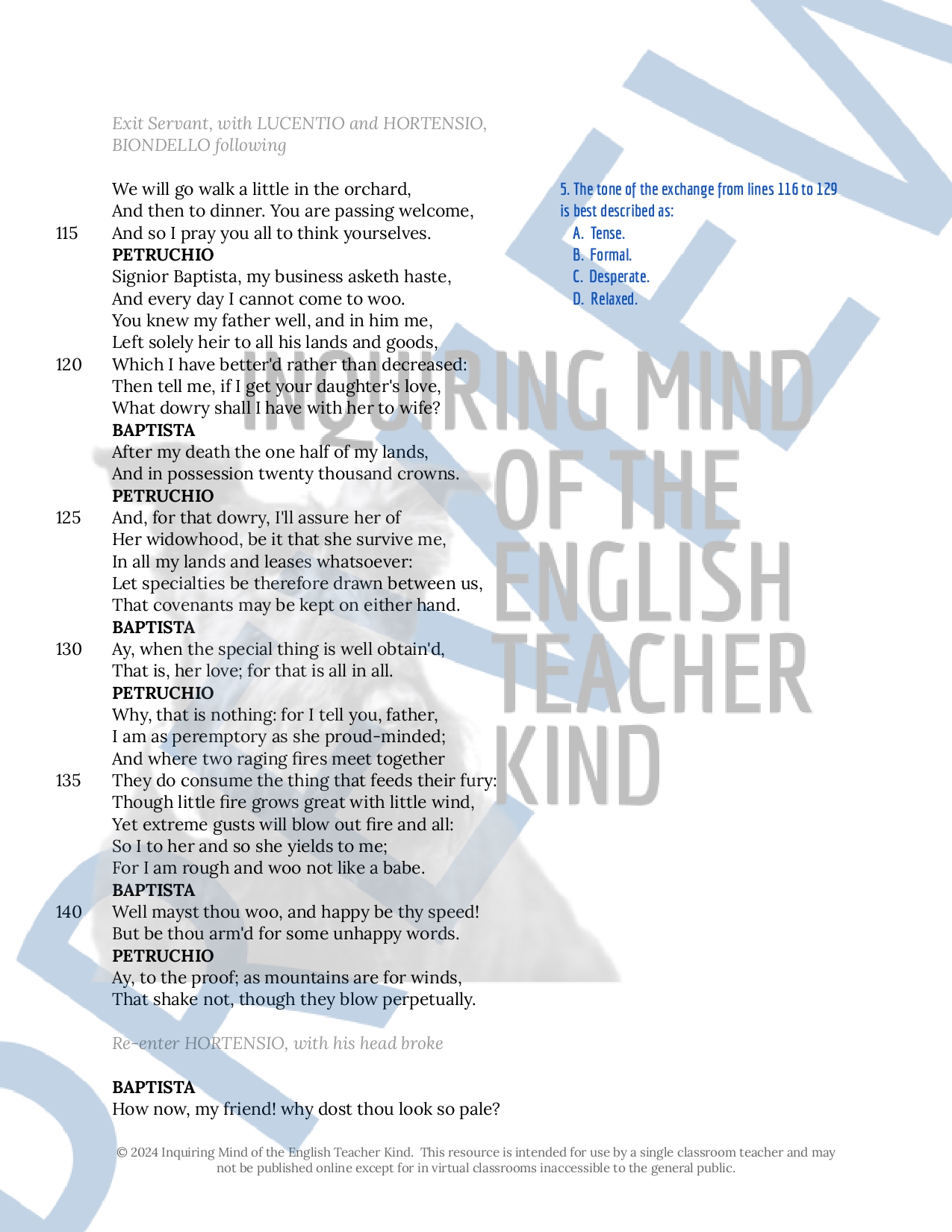 Taming of the Shrew Act 2 Scene 1 Close Reading Analysis Worksheet ...