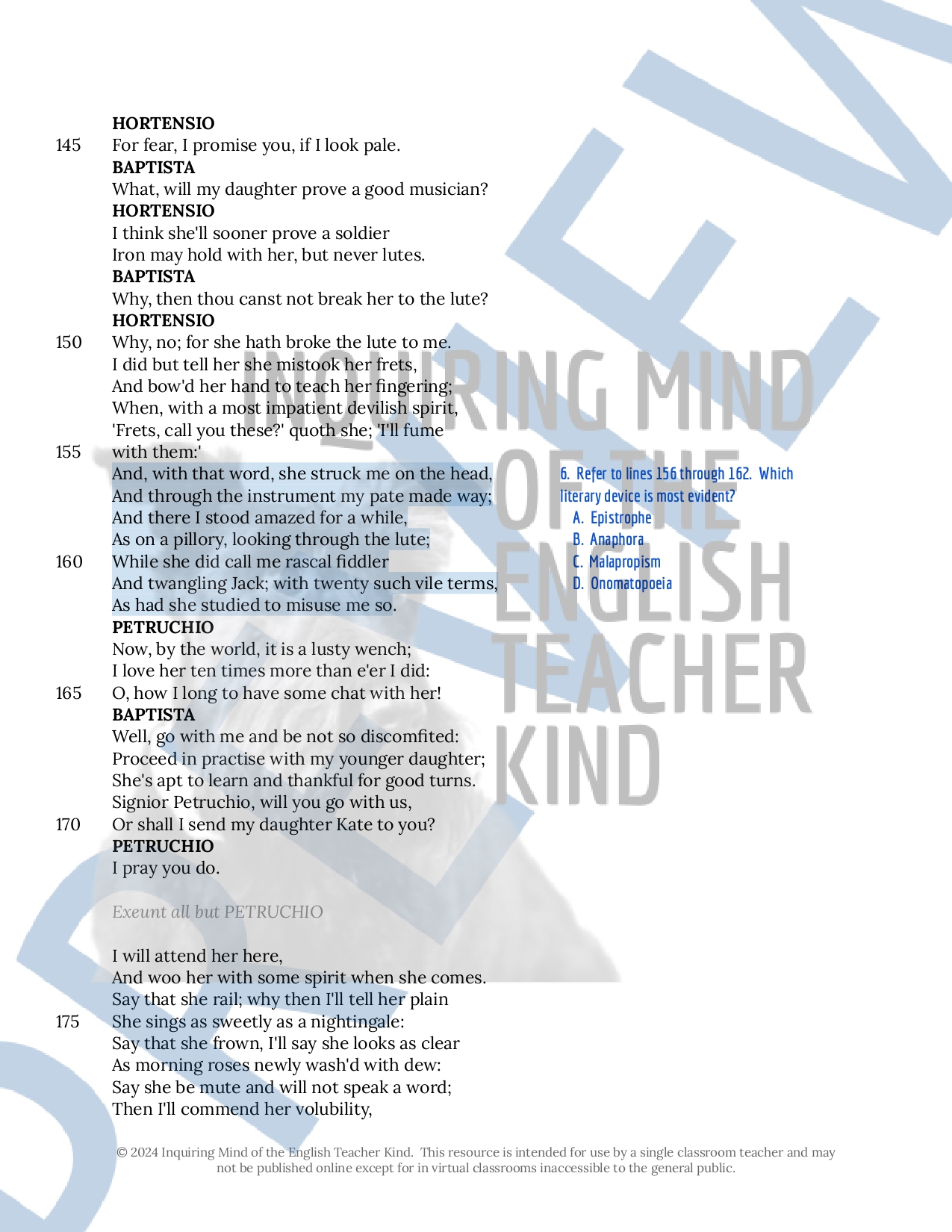 Taming of the Shrew Act 2 Scene 1 Close Reading Analysis Worksheet ...