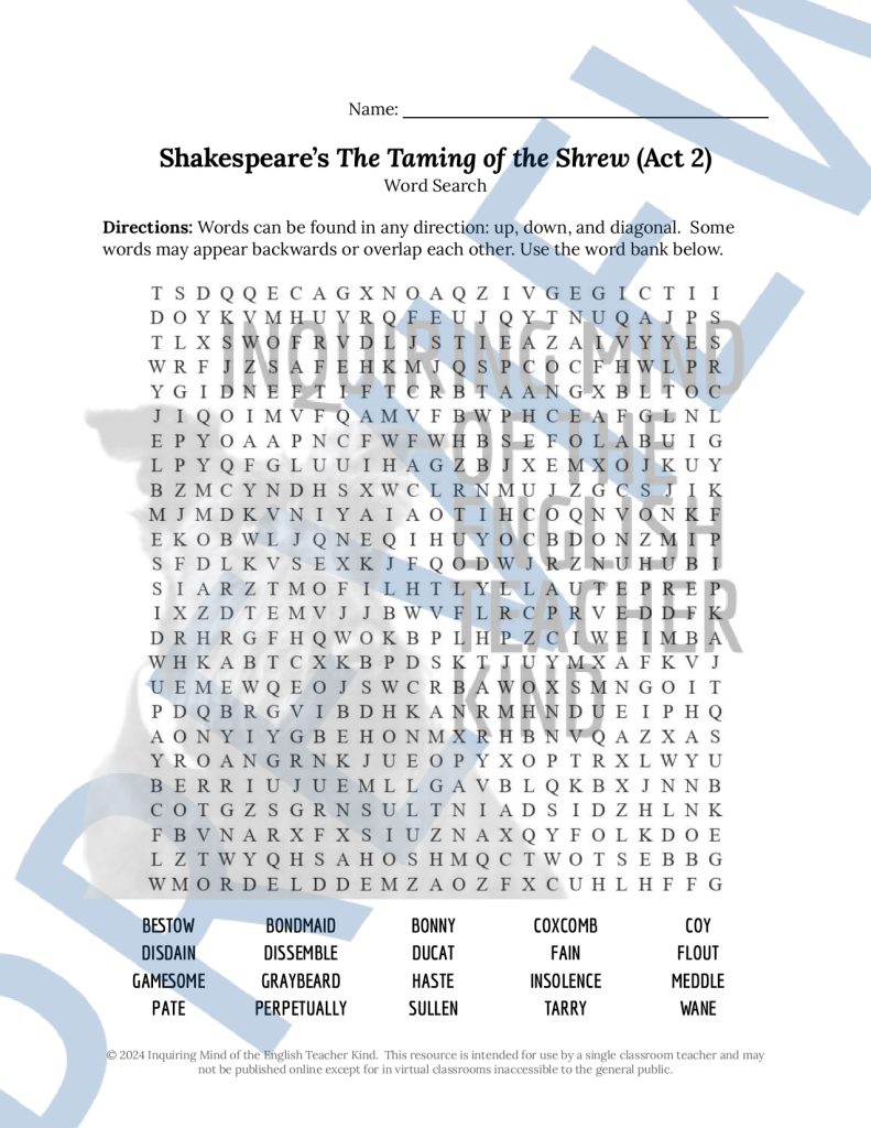 Shakespeare's The Taming of the Shrew Vocabulary Games for High School ...