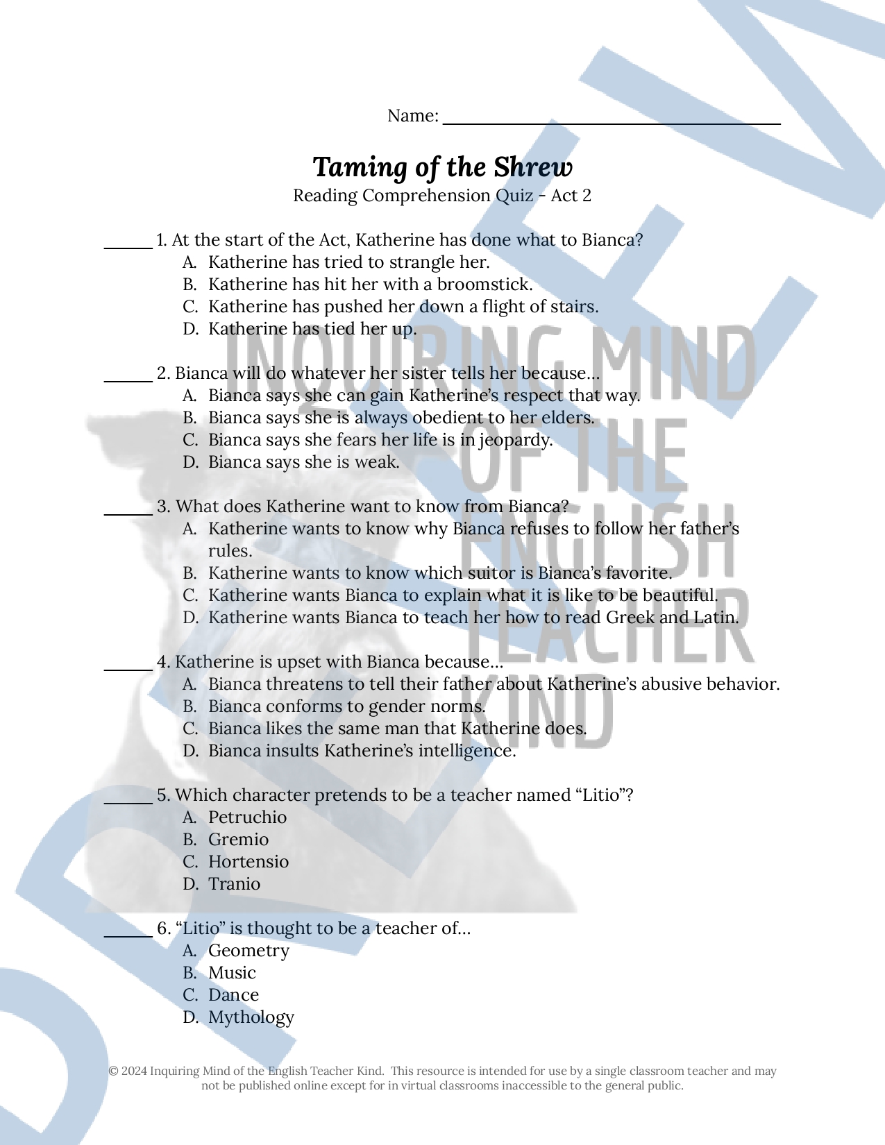 Taming of the Shrew Act 2 Quiz, Close Reading, and Vocabulary Games ...