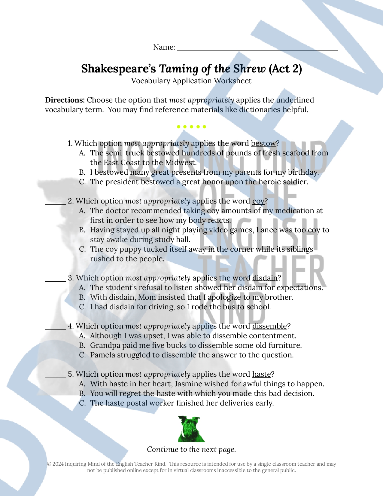 Taming of the Shrew Act 2 Quiz, Close Reading, and Vocabulary Games ...