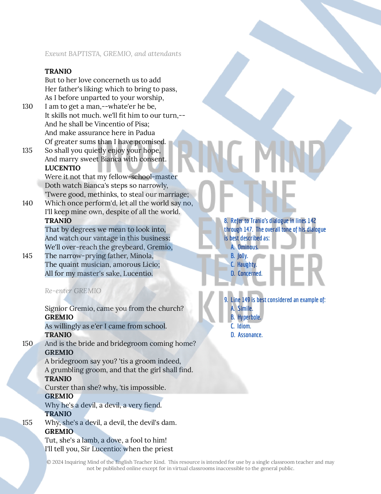 Taming of the Shrew Act 3 Scene 2 Close Reading Analysis Worksheet ...