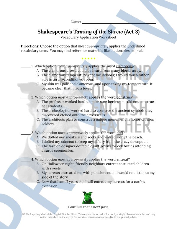 Shakespeare's The Taming of the Shrew Vocabulary Games for High School ...