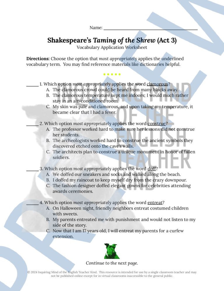 Shakespeare's The Taming of the Shrew Vocabulary Games for High School ...