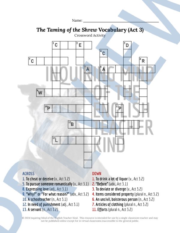 Shakespeare's The Taming of the Shrew Vocabulary Games for High School ...