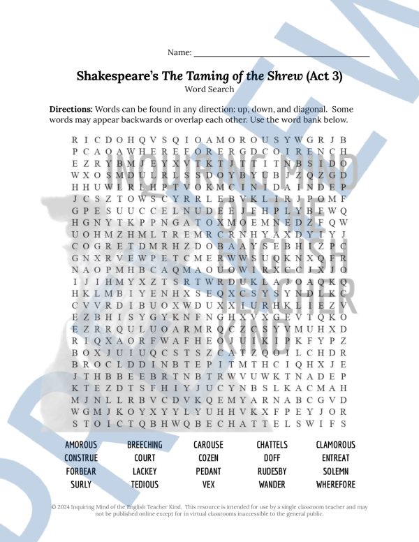 Shakespeare's The Taming of the Shrew Vocabulary Games for High School ...