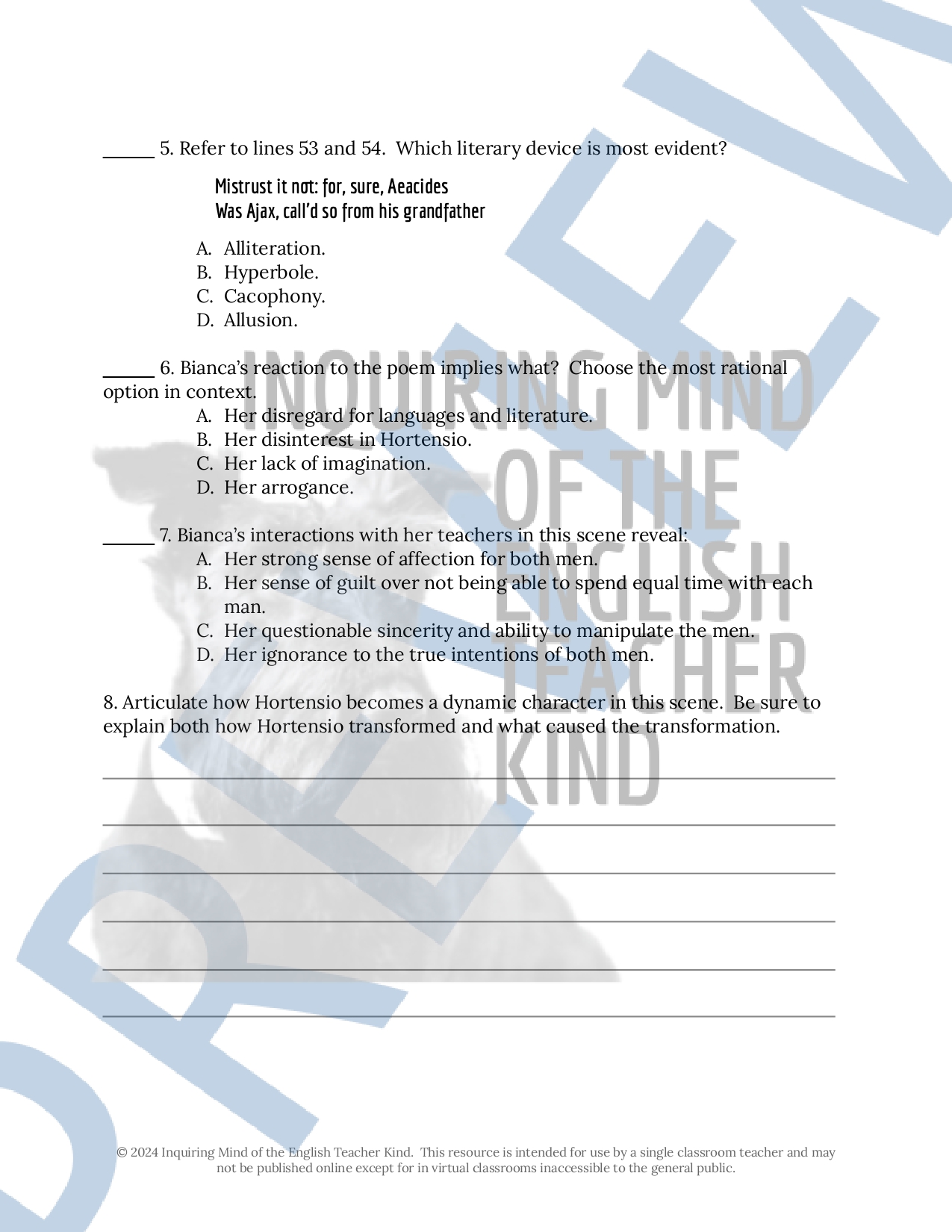 Taming of the Shrew Act 3 Quiz, Close Readings, and Vocabulary Games ...