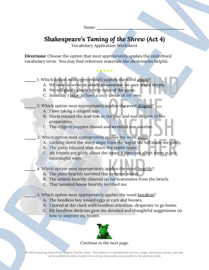 Taming of the Shrew Act 4 Quiz, Close Readings, and Vocabulary Games ...