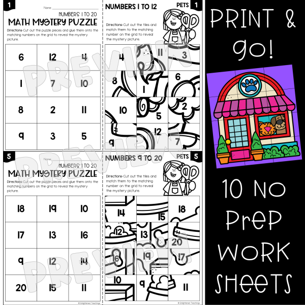 Pet Numbers to 20 Worksheets Math Mystery Puzzles Pet Number ...