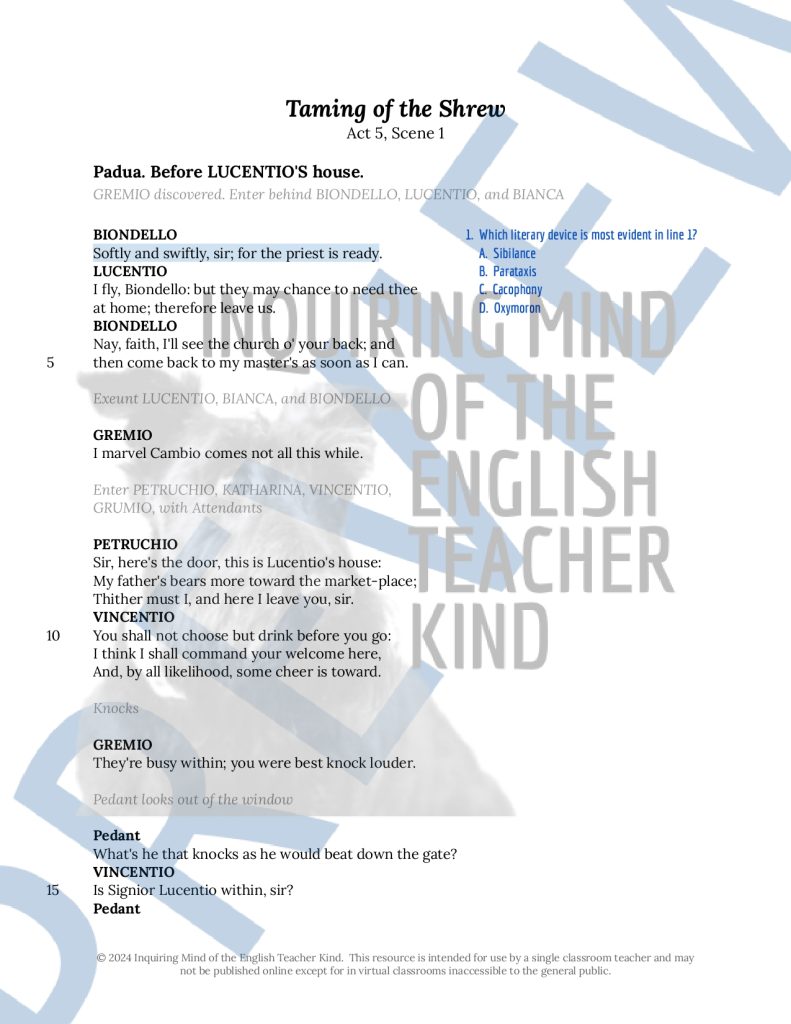 Taming of the Shrew Act 5 Scene 1 Close Reading Analysis Worksheet ...