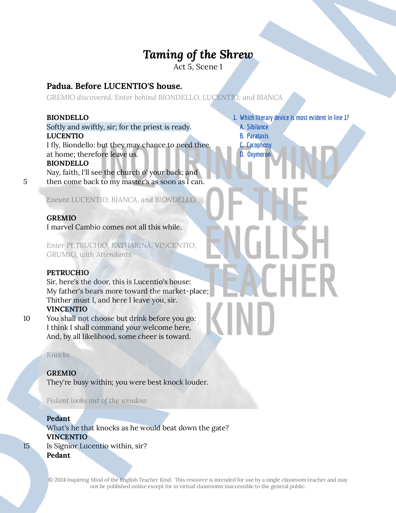 Taming of the Shrew Act 5 Scene 1 Close Reading Analysis Worksheet ...