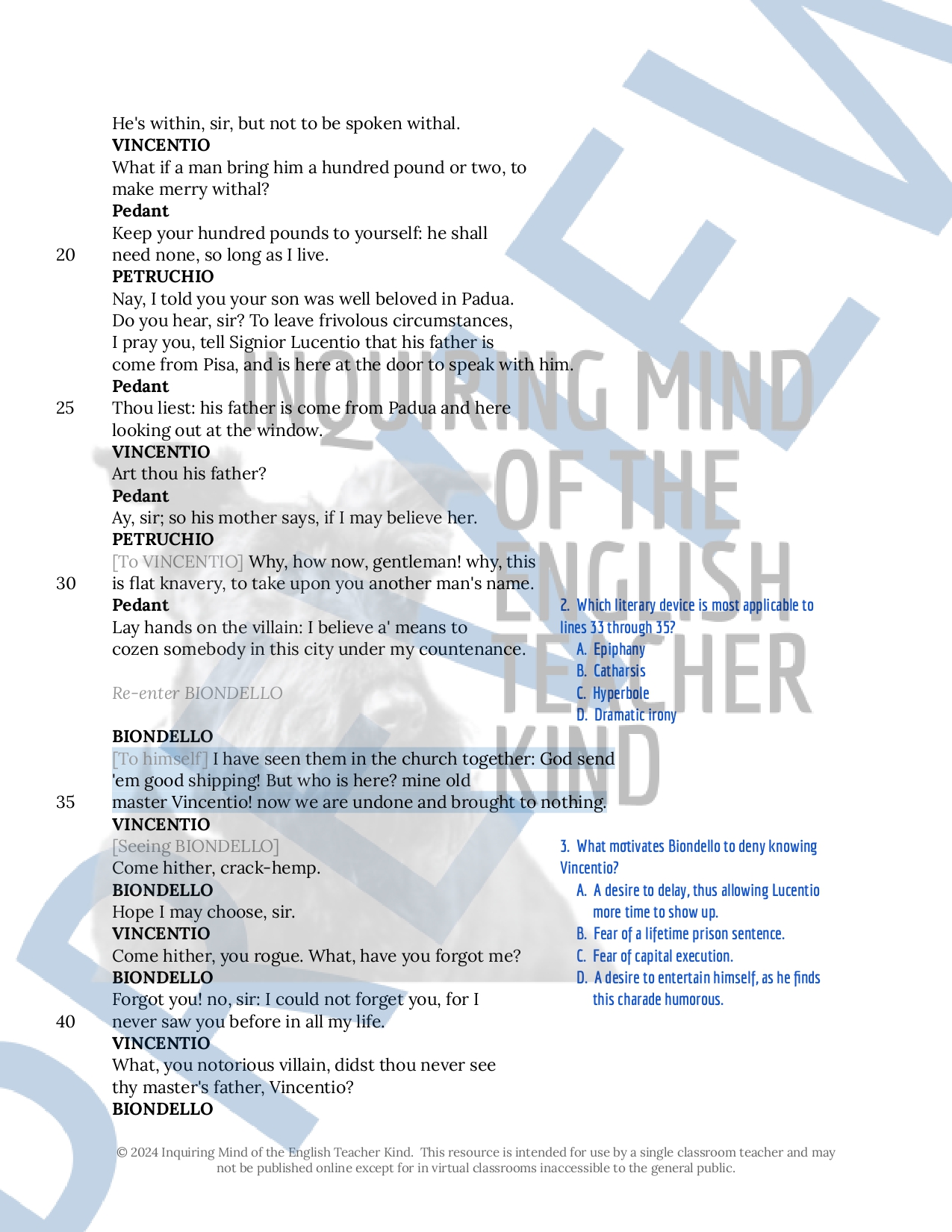 Taming of the Shrew Act 5 Scene 1 Close Reading Analysis Worksheet ...