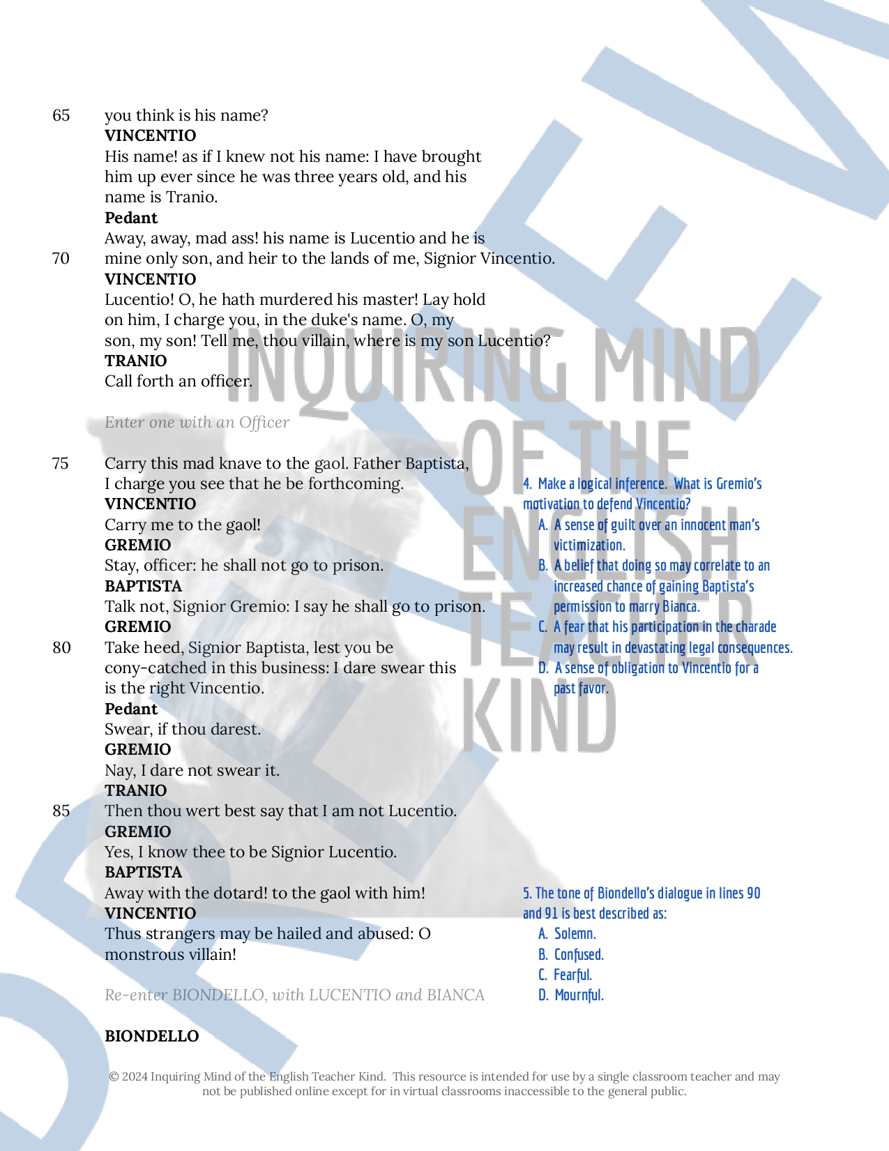 Taming of the Shrew Act 5 Scene 1 Close Reading Analysis Worksheet ...