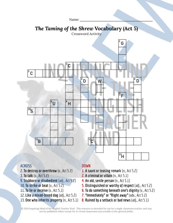 Shakespeare's The Taming of the Shrew Vocabulary Games for High School ...