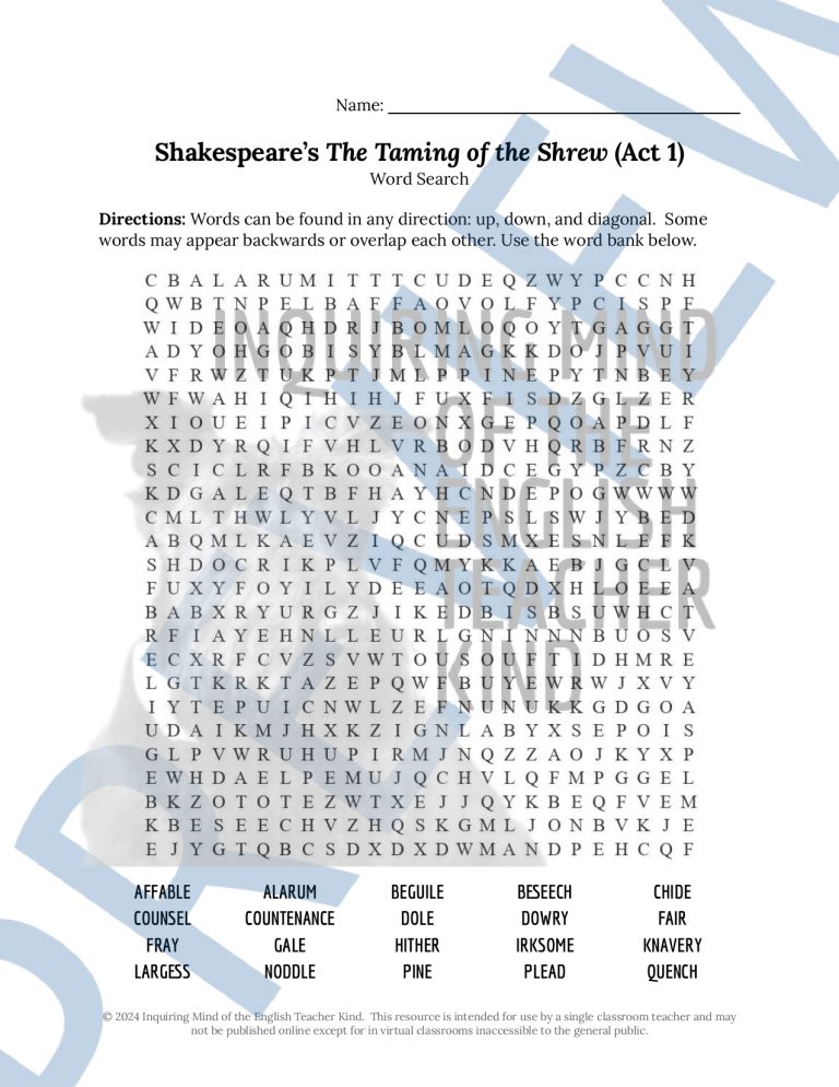 Shakespeare's The Taming of the Shrew Vocabulary Games for High School ...