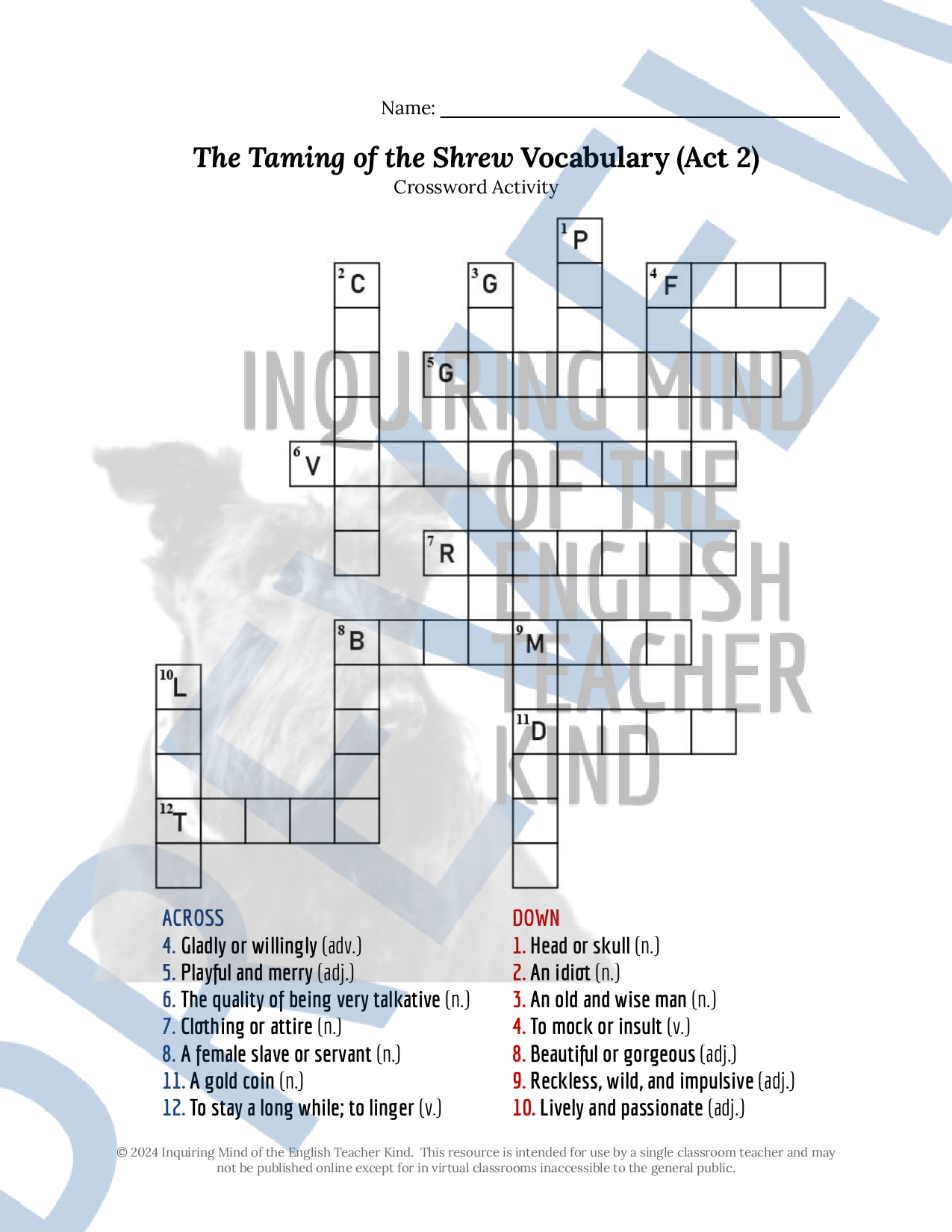 Shakespeare's The Taming of the Shrew Vocabulary Games for High School ...