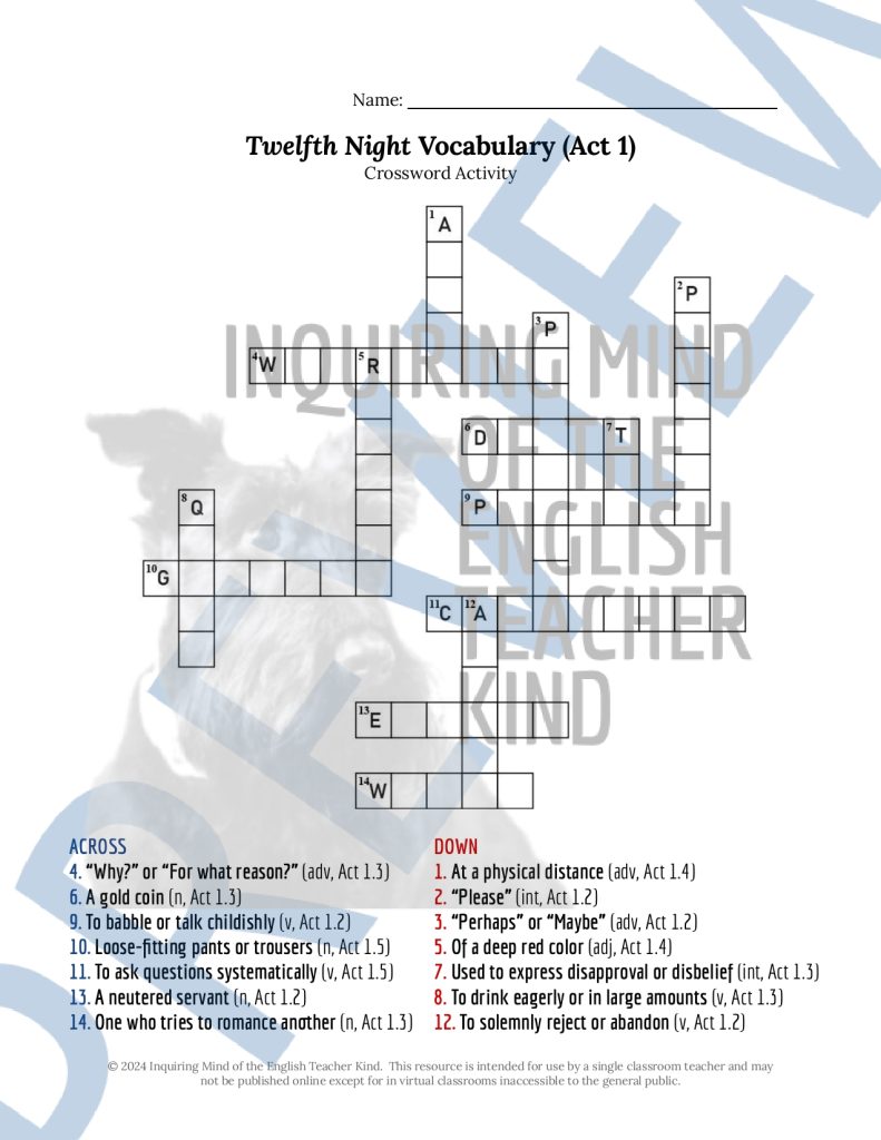 Shakespeare's Twelfth Night Vocabulary Games for High School Bundle ...