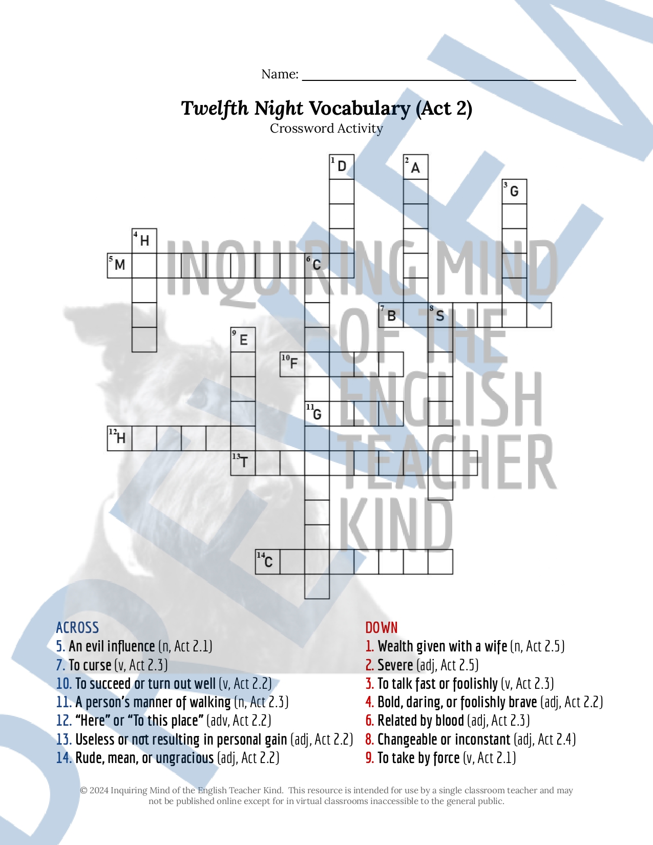 Shakespeare's Twelfth Night Vocabulary Games for High School Bundle ...