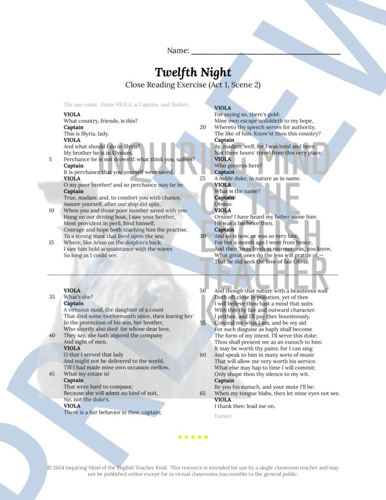 Twelfth Night Act 1 Scene 2 Close Reading Analysis Worksheet | Made By ...