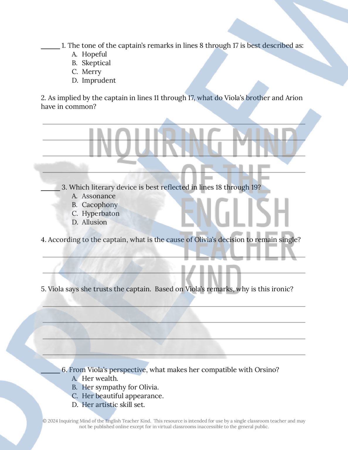 Twelfth Night Act 1 Scene 2 Close Reading Analysis Worksheet | Made By ...