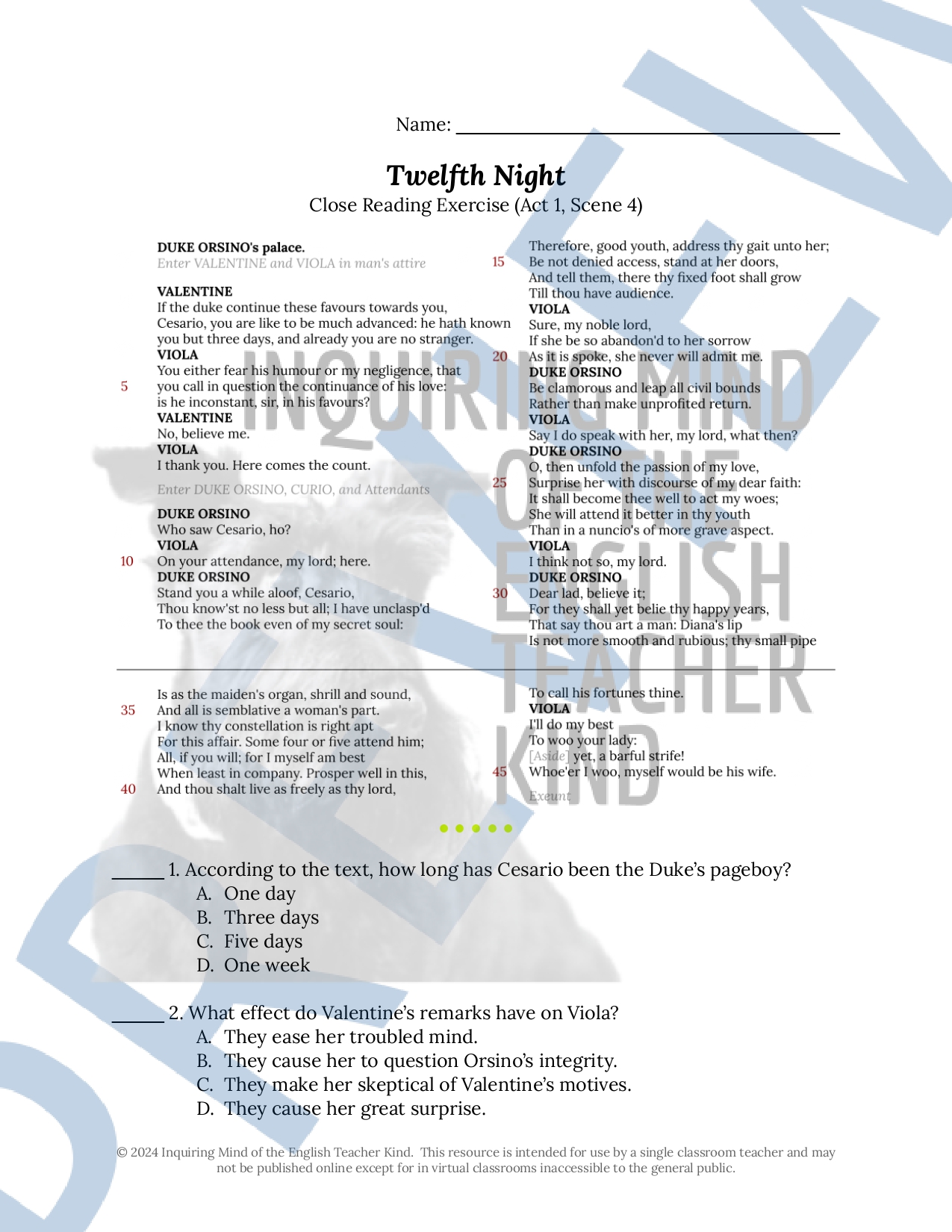 Twelfth Night Act 1 Scene 4 Close Reading Analysis Worksheet | Made By ...