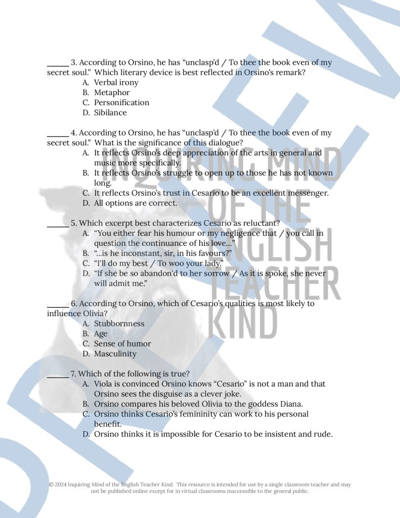 Twelfth Night Act 1 Scene 4 Close Reading Analysis Worksheet | Made By ...