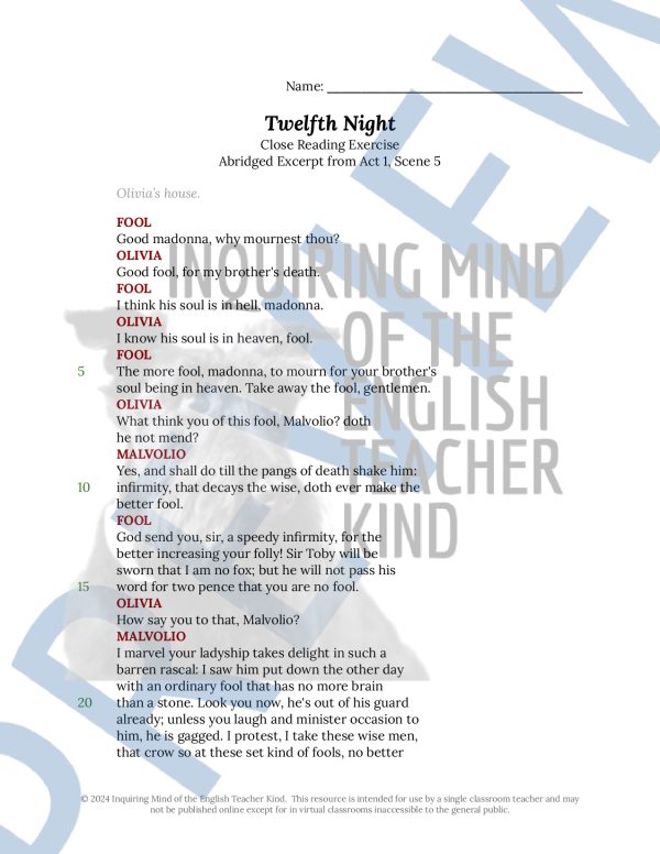 Twelfth Night Act 1 Scene 5 Close Reading Analysis Worksheet | Made By ...