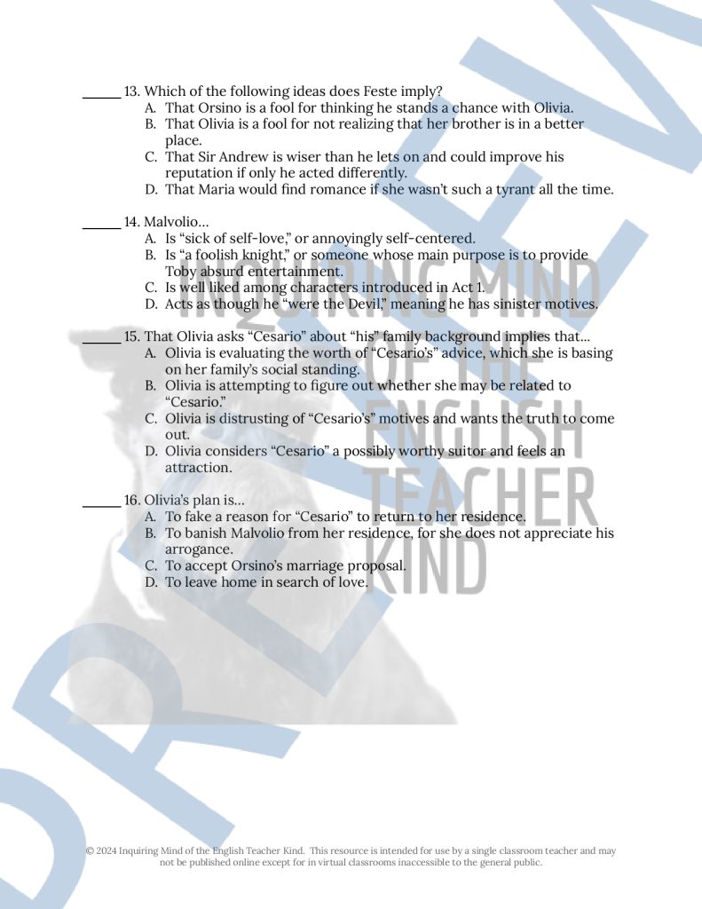 Twelfth Night Act 1 Quiz, Close Reading Worksheets, and Vocabulary ...
