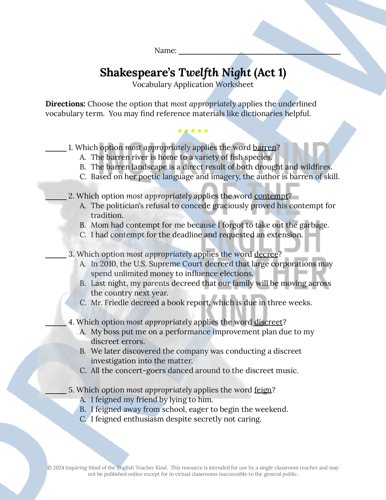 Twelfth Night Act 1 Quiz, Close Reading Worksheets, and Vocabulary ...