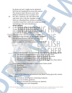 Twelfth Night Act 1 Quiz, Close Reading Worksheets, and Vocabulary ...