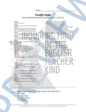 Twelfth Night Act 3 Scene 1 Close Reading Analysis Worksheet | Made By ...